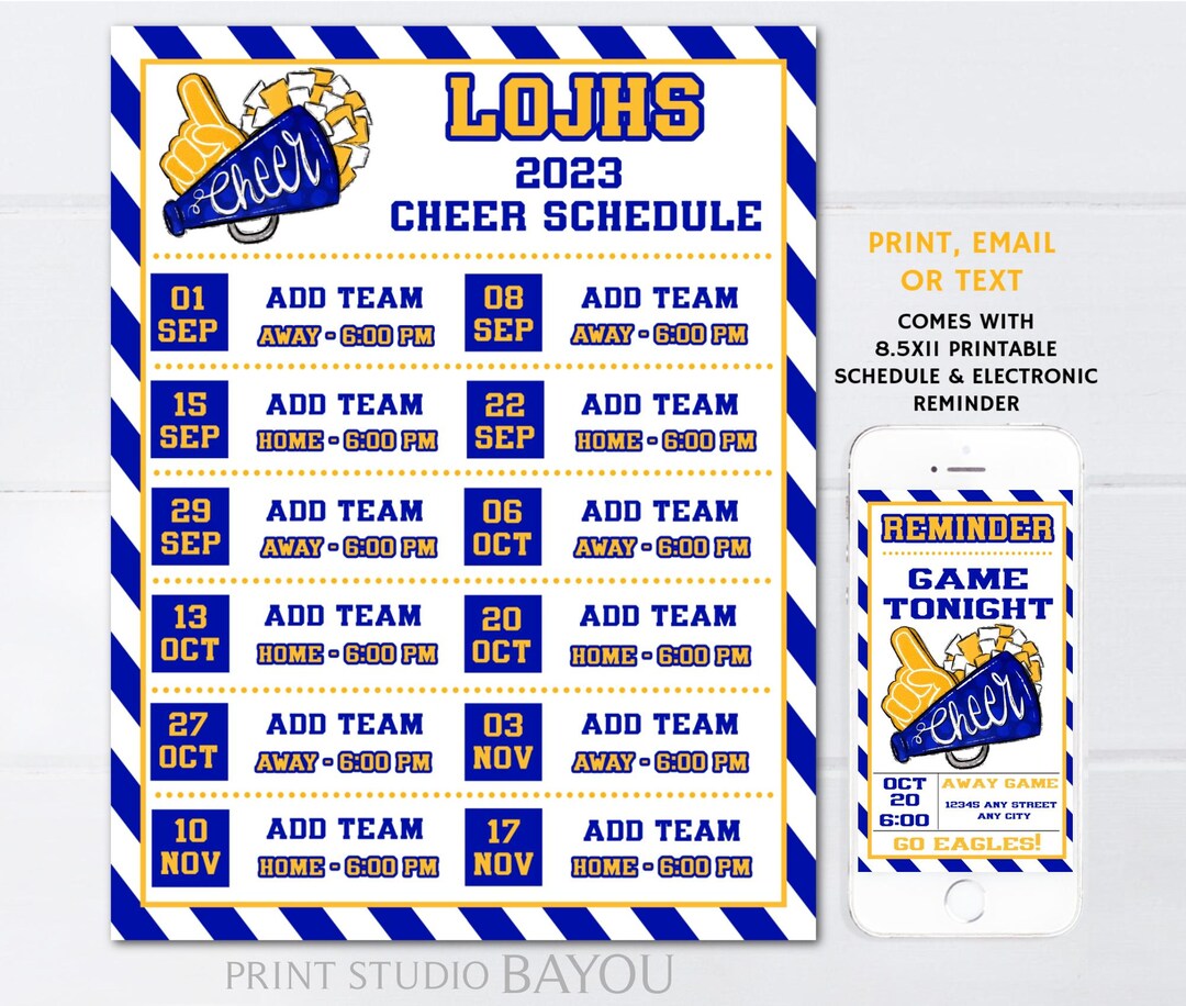 Cheer Schedule Printable, Game Day Calendar With Text Reminder, Yellow ...