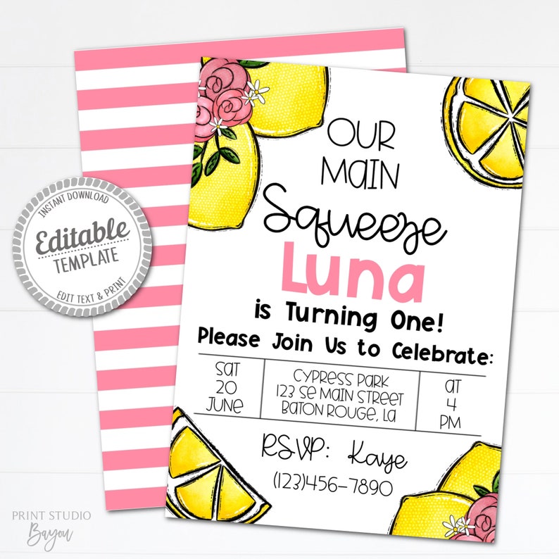 Our Main Squeeze Birthday Invite, Lemon Theme Birthday Party, Lemonade ...