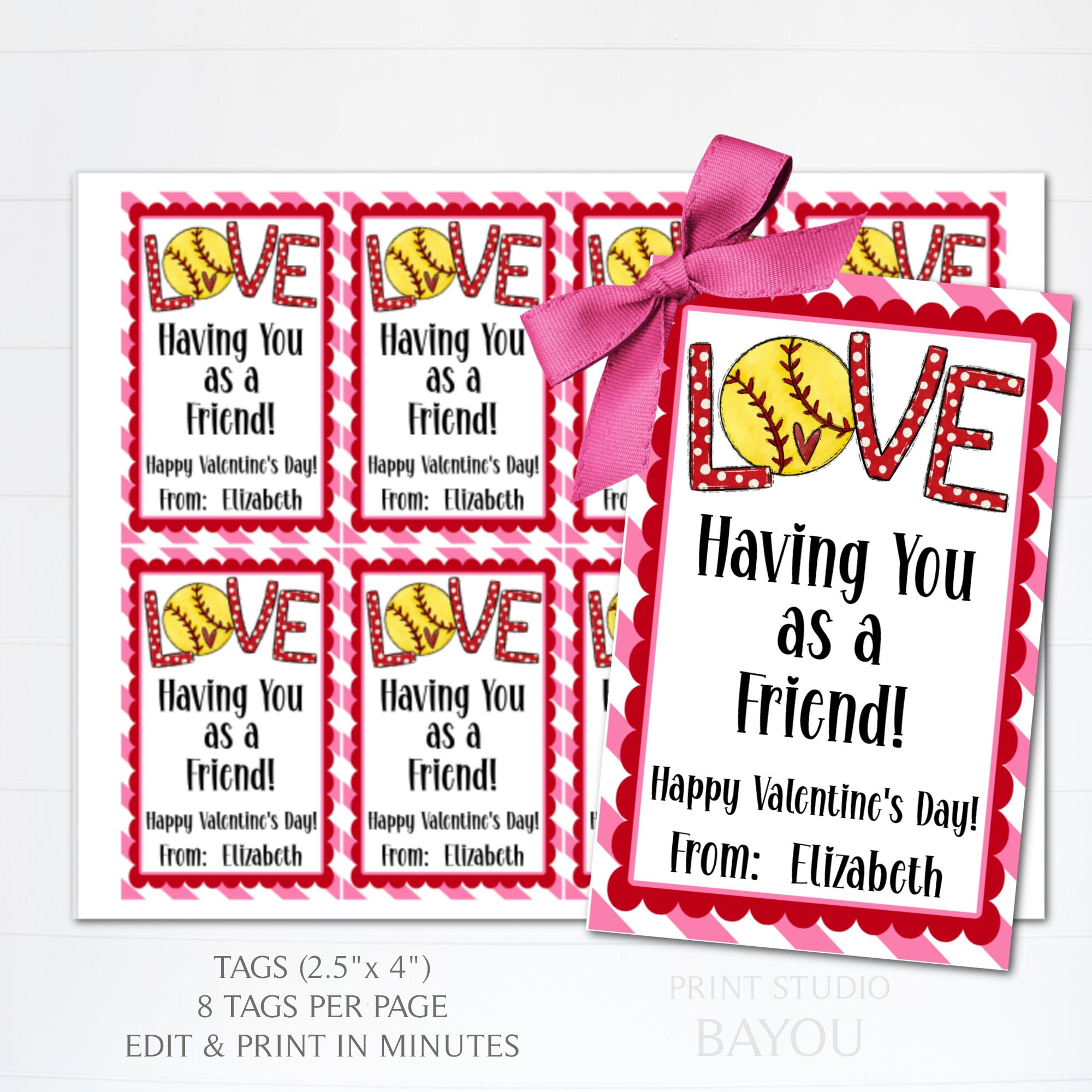 Printable Softball Valentine Tag Template, Editable Softball Birthday ...