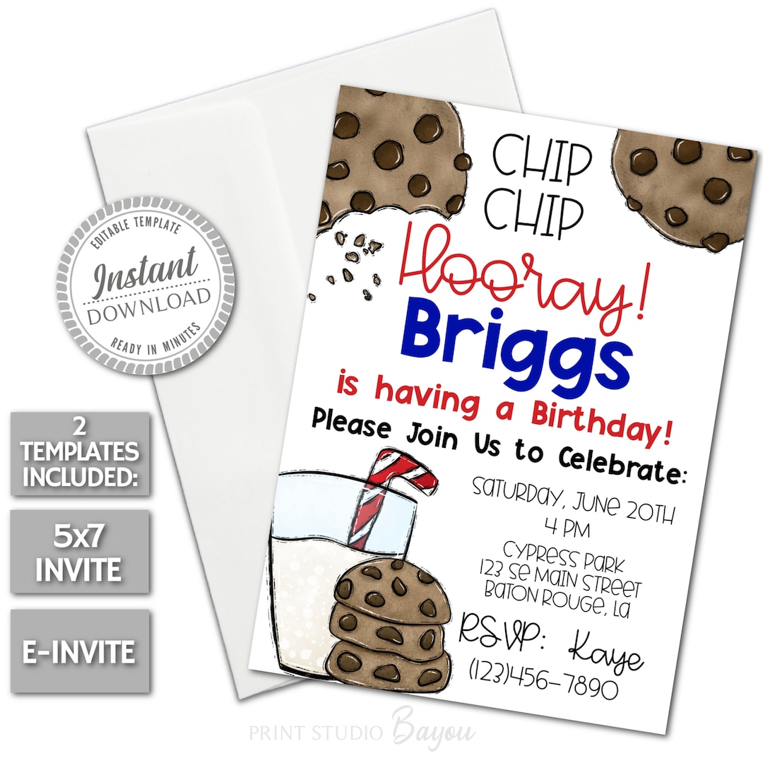 Chip Chip Hooray Birthday Party Invite, Chocolate Chip Cookie Theme ...