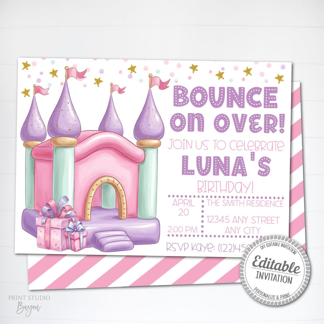 Editable Pink Bounce House Birthday Invitation: Printable, Template ...