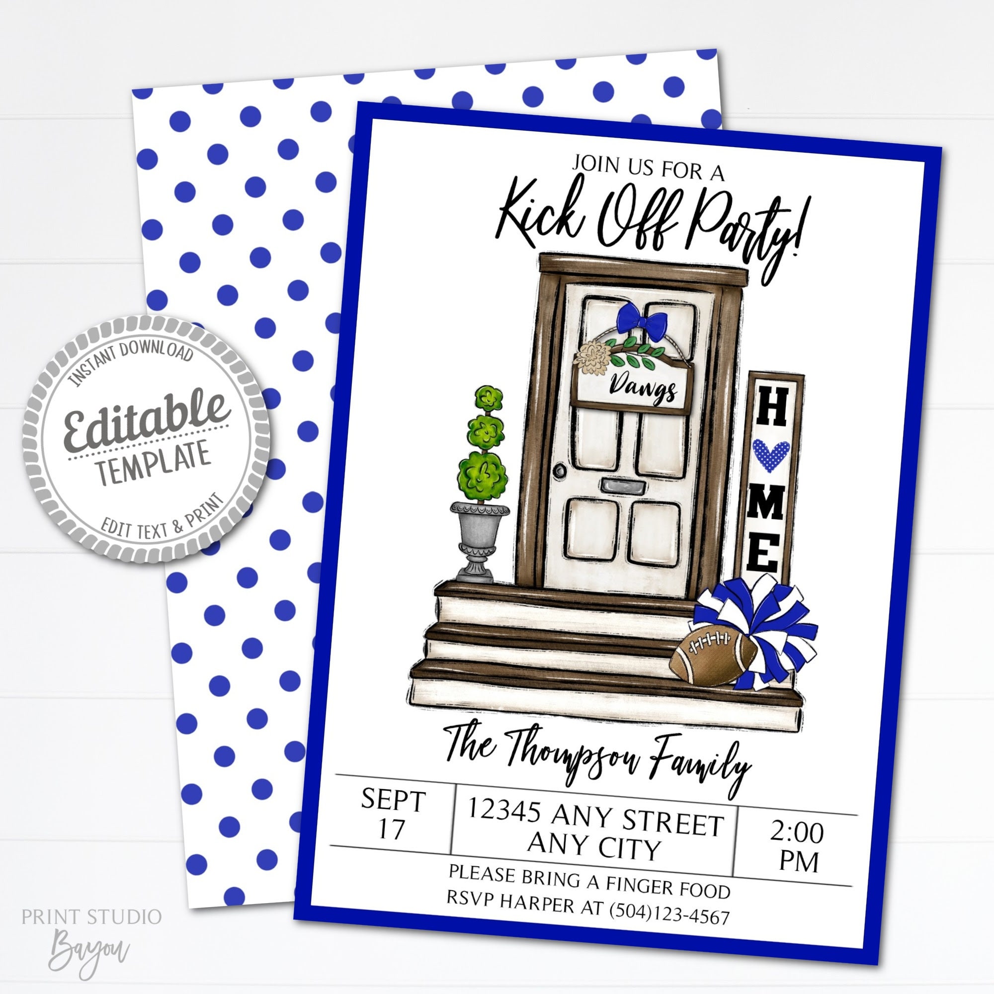Printable Football Kick off Party Invitation, Blue and White, Editable ...