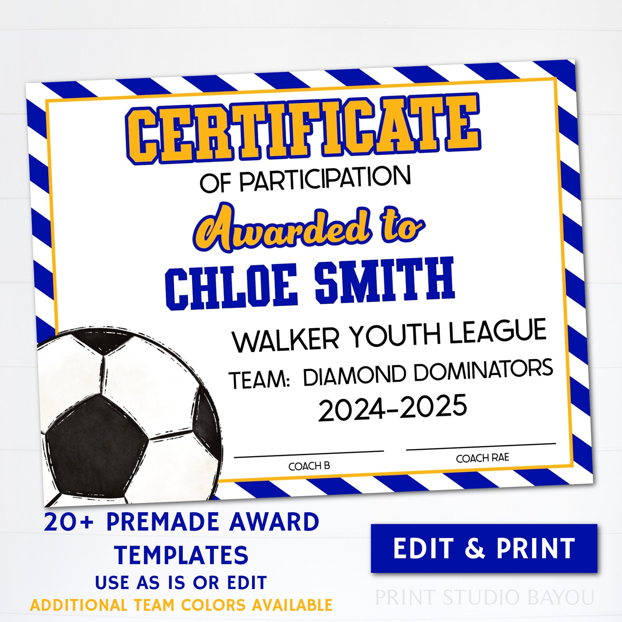 PRINTABLE Soccer Award Certificates, Soccer End of Season Certificates ...