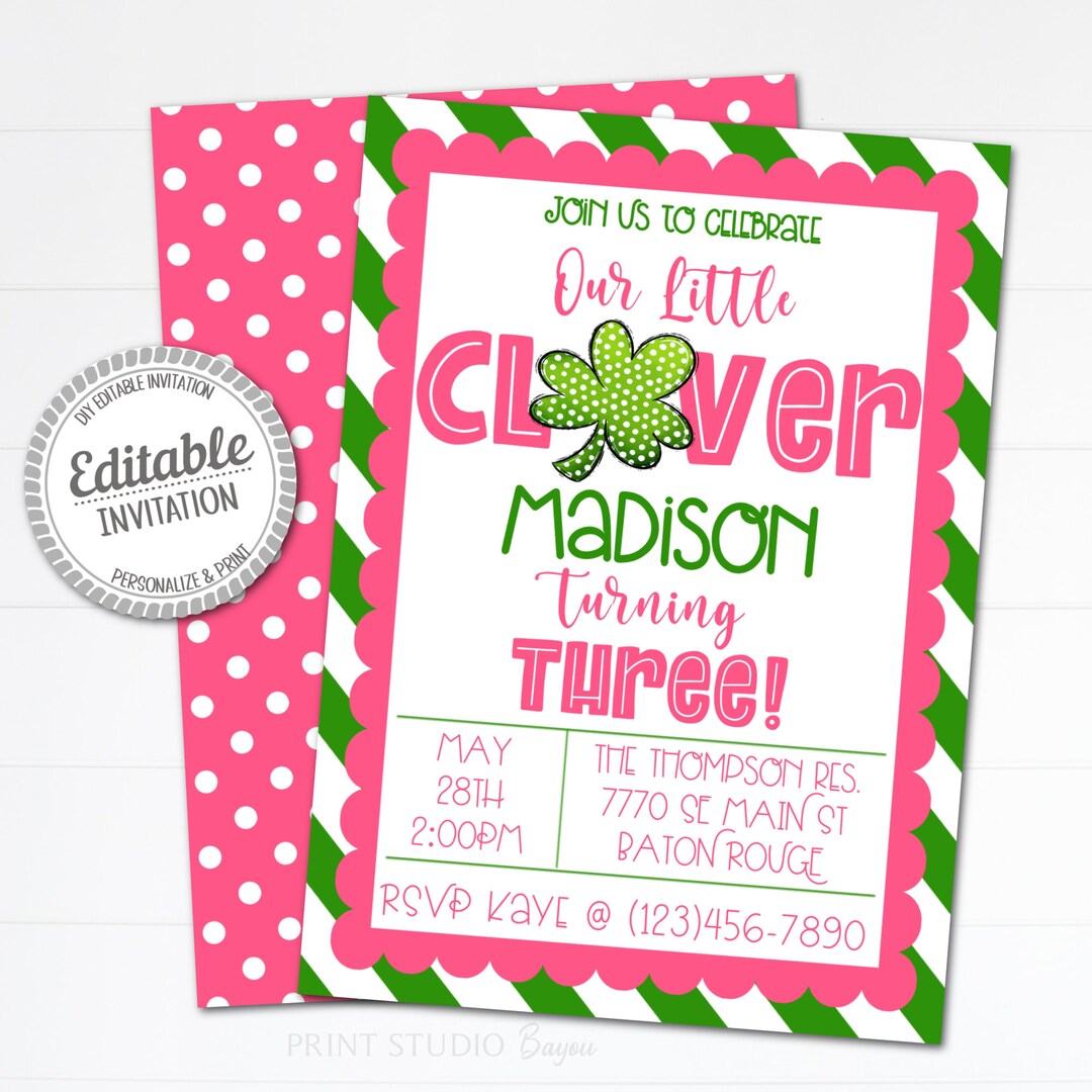 Our Little Clover Birthday Party Printable Invitation, St Patrick's Day ...