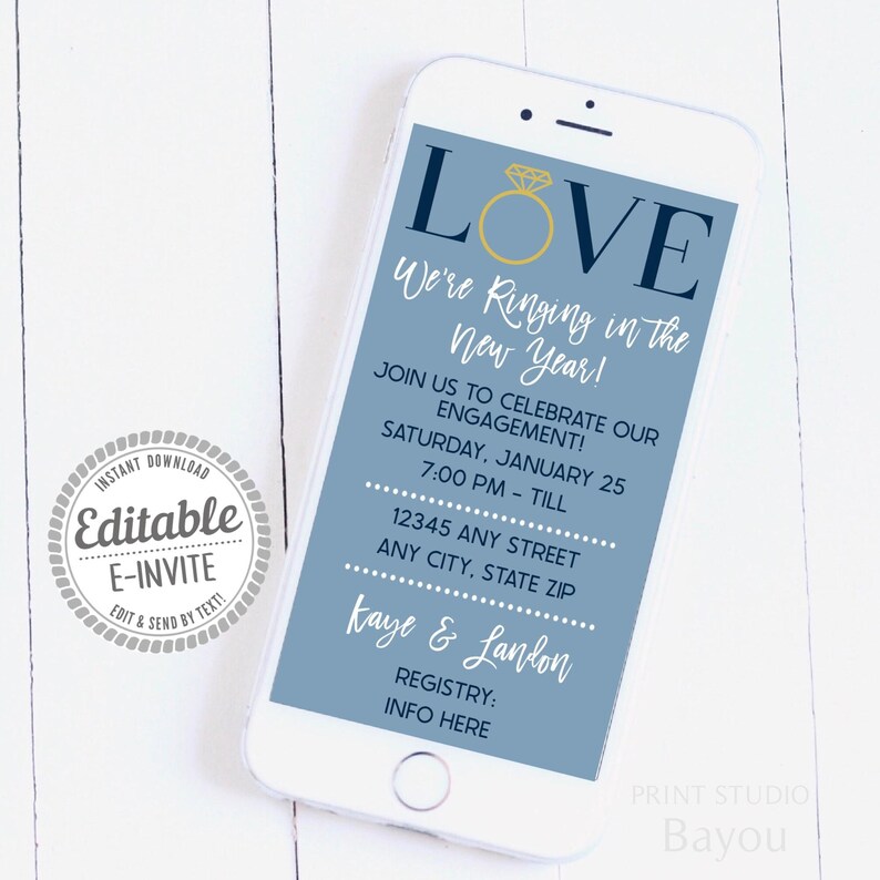 Printable Dusty Blue New Years Engagement Party Invitation, Smartphone ...