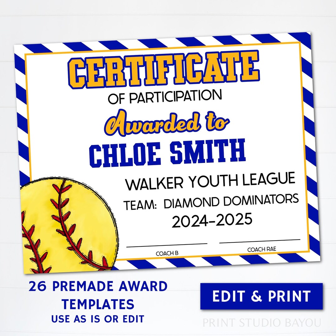 PRINTABLE Softball Award Certificates, Softball End of Season ...