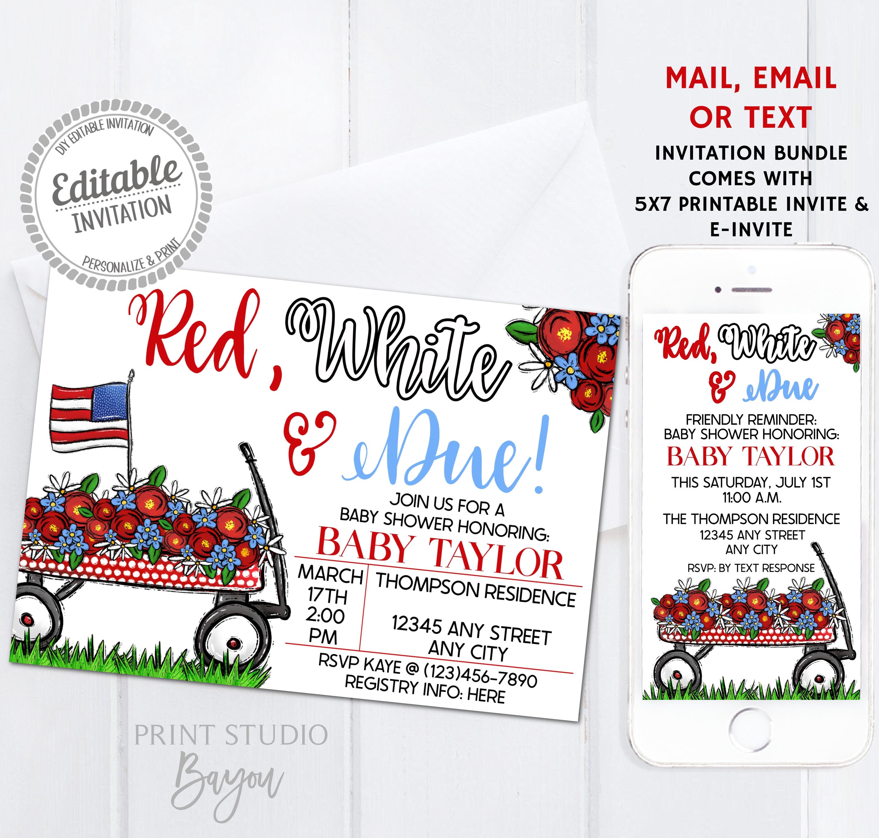 Editable Red, White & Due Baby Shower Invitation: Printable, Template ...