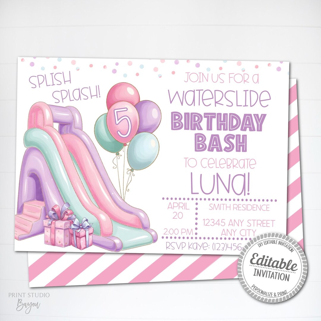 Pink Water Slide Birthday Party Invitation: Editable Template (digital ...