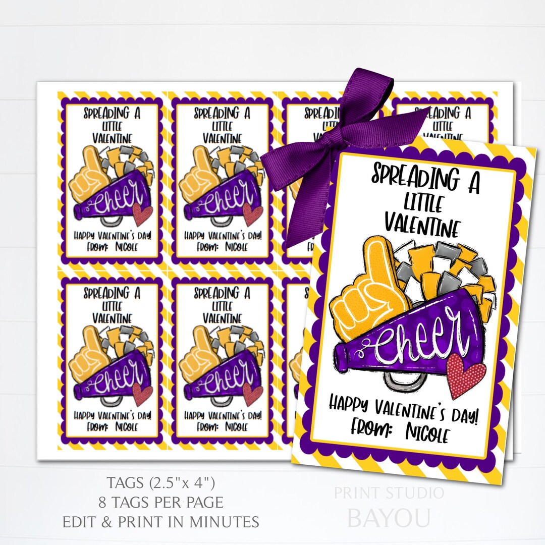 Valentine Cheer Gift Tags, Cards, Cheer Squad Gifts, School V-day Party ...