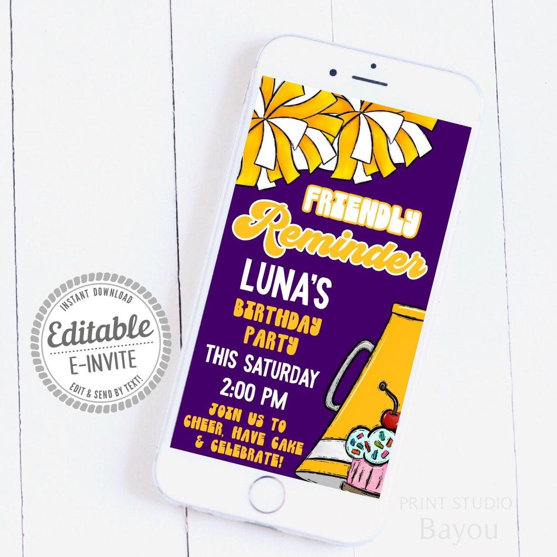 Printable Cheer Birthday Party Invitation, Cheer Birthday E-invite ...