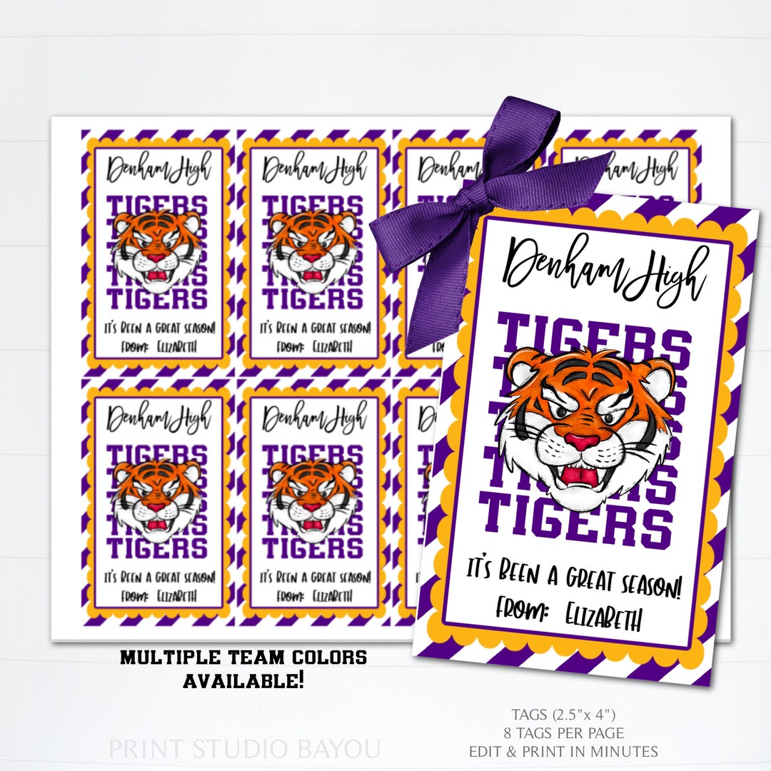 Tigers Mascot Favor Tags, Team Snack Tags, Teammate Gifts, Mascot ...