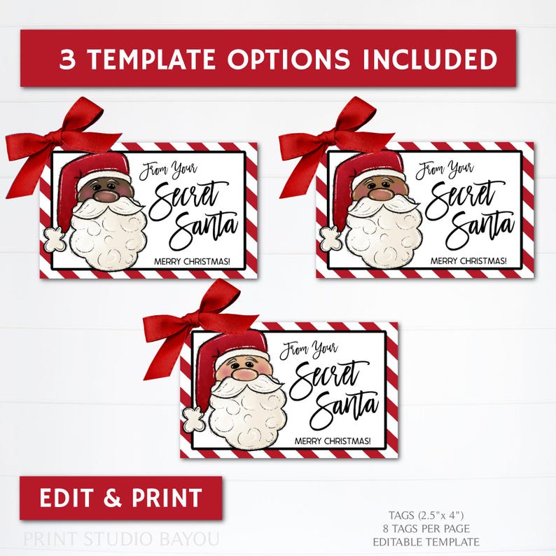 Printable Secret Santa Gift Tags: Editable Christmas Holiday Template ...