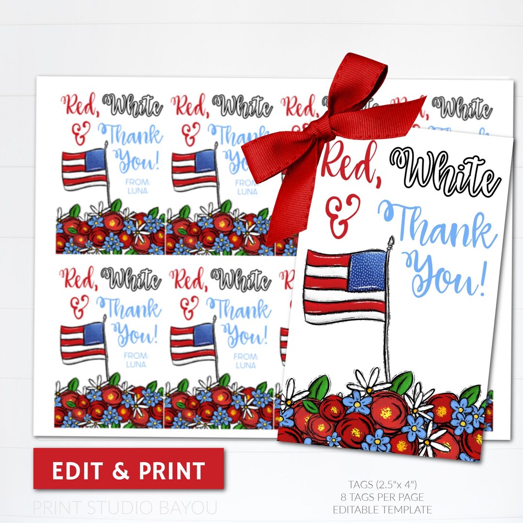 Printable Red, White & Thank You Tags, Editable 4th of July Favor Tags ...