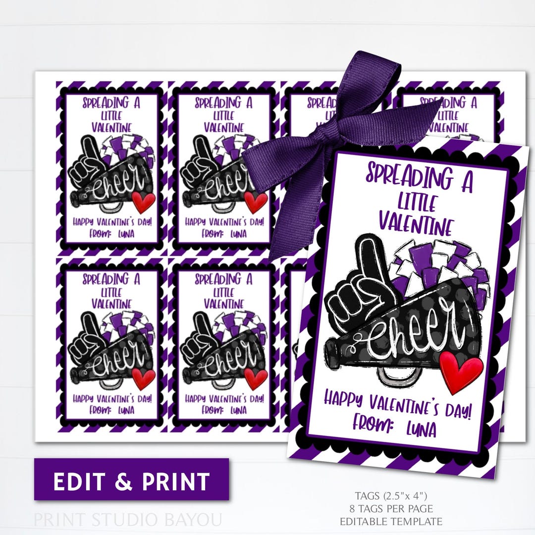 Printable Valentine Cheer Treat Tags, Cheer Squad Gifts, Valentine ...