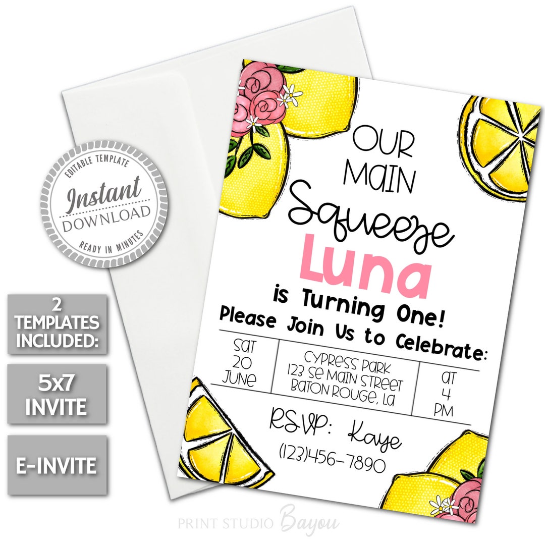 Our Main Squeeze Birthday Invite, Lemon Theme Birthday Party, Lemonade ...