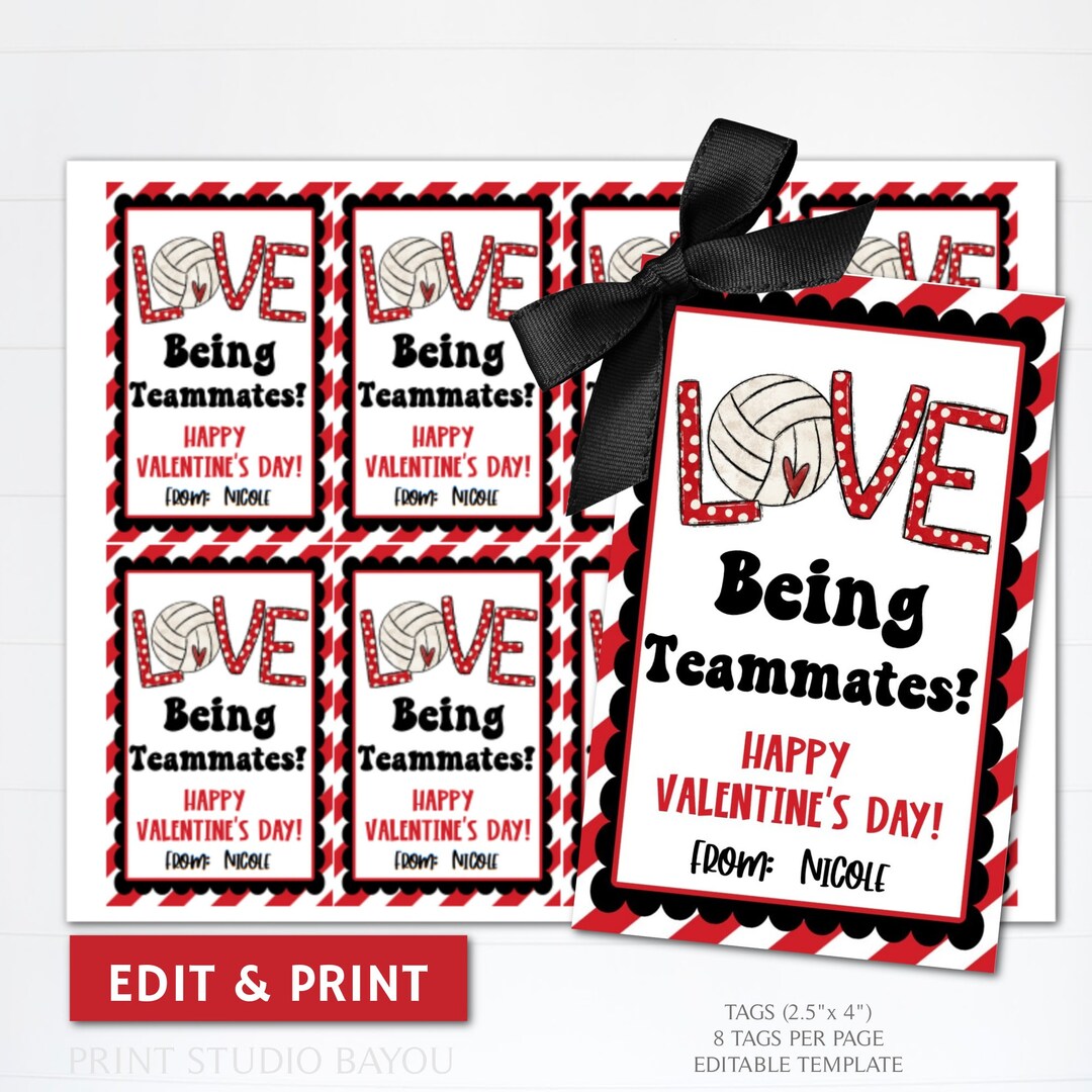 PRINTABLE Volleyball Valentine Gift Tags, Volleyball Team Valentines ...