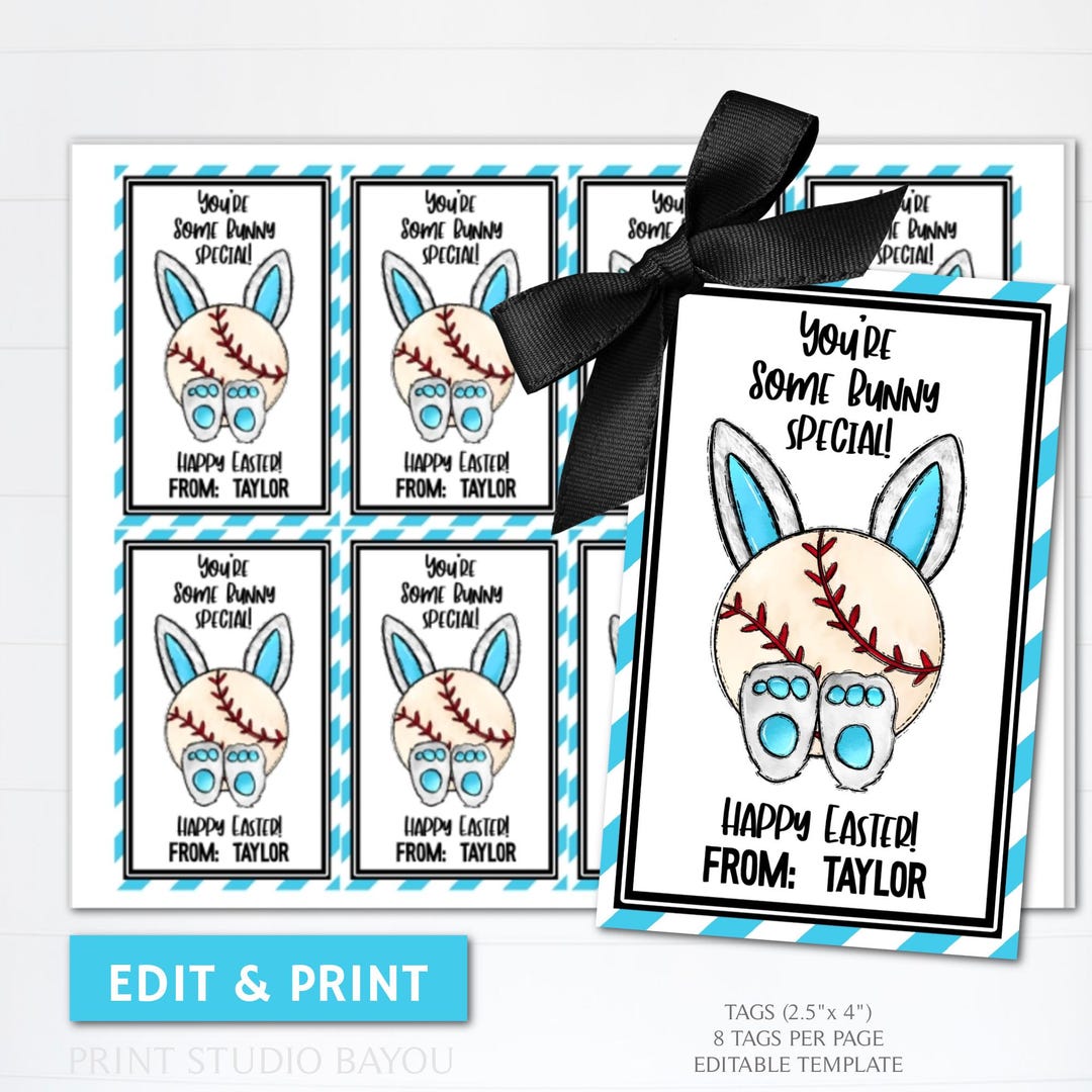 Printable Baseball Easter Gift Tags: Bunny Design, Template (digital ...