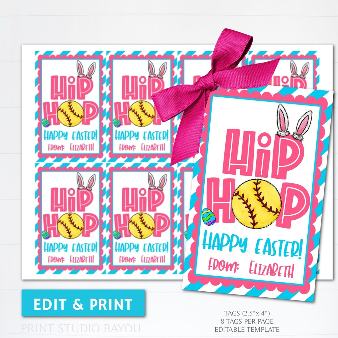 Printable Hip Hop Softball Easter Tag Template, Editable Softball ...
