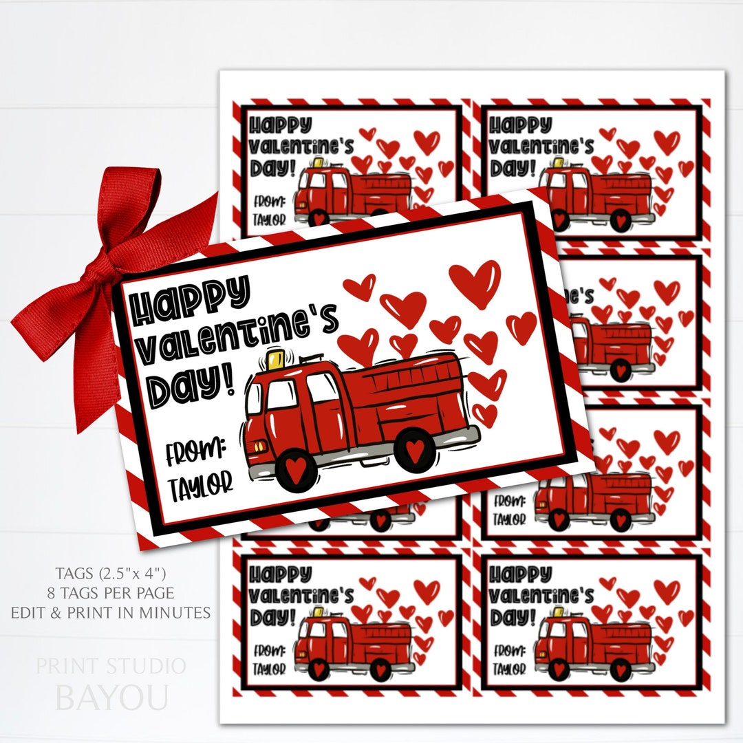 Printable Firetruck Valentine Favor Tags, Firetruck Goody Bag Tags ...