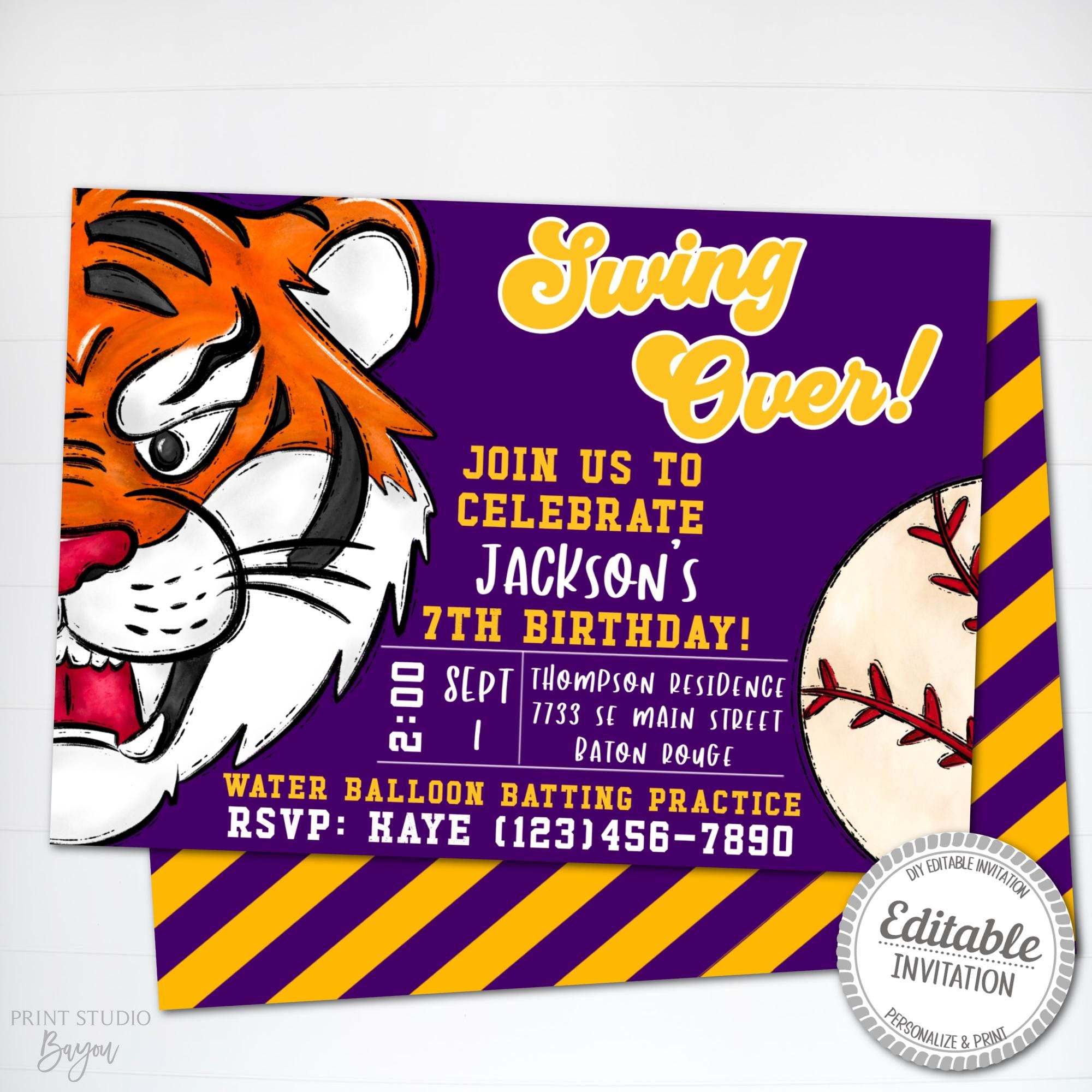 Printable Baseball Tigers Birthday Party Invitation, Baseball Birthday ...