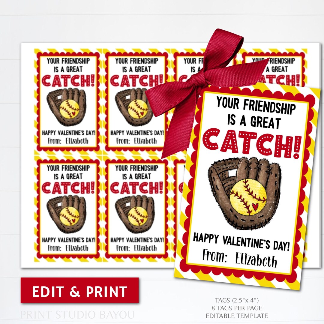 Printable You're a Great Catch Valentine Treat Tags, Softball Birthday ...