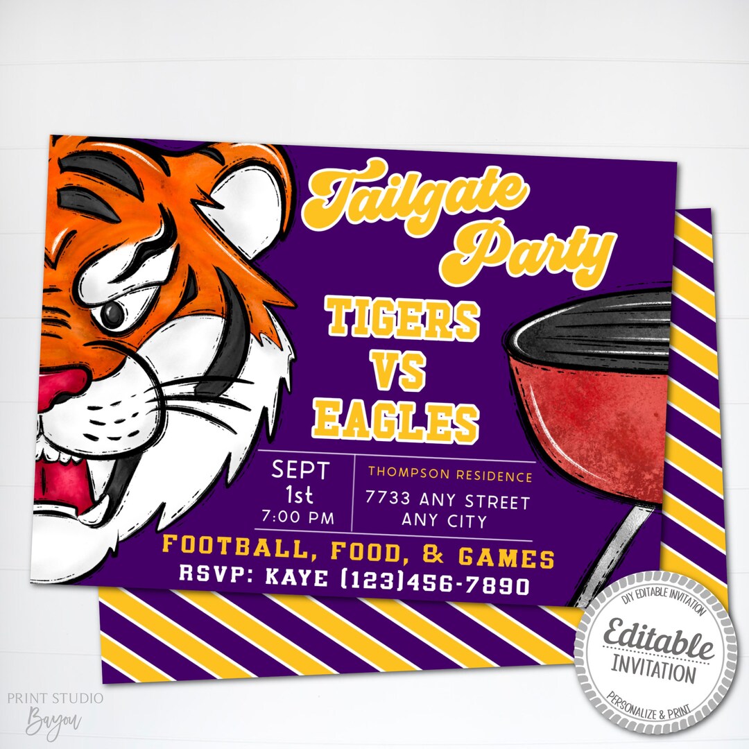 Printable Tailgate Party Invitation, Tiger Themed Tailgate Invite, Kick ...