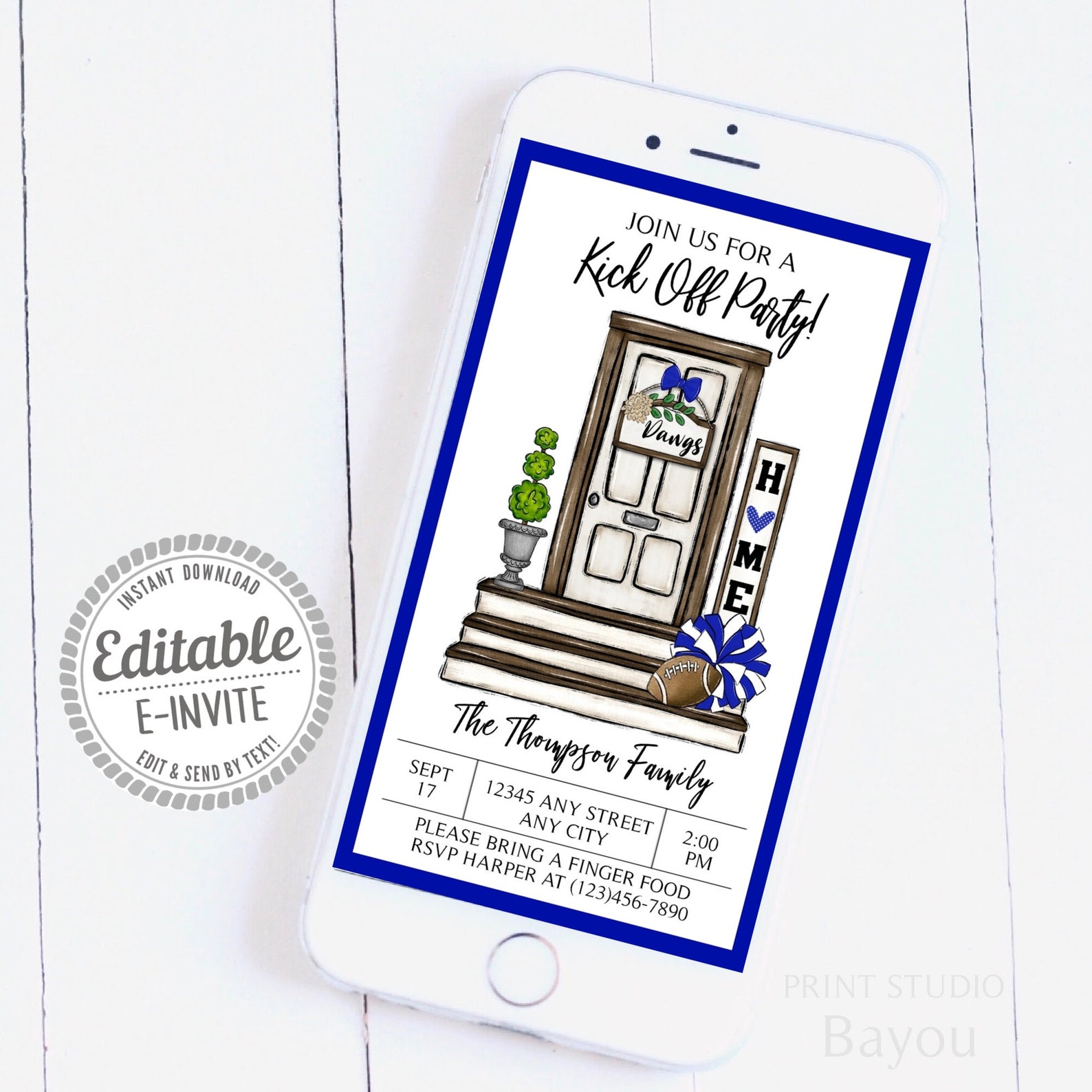 Printable Football Kick off Party Invitation, Blue and White, Editable ...