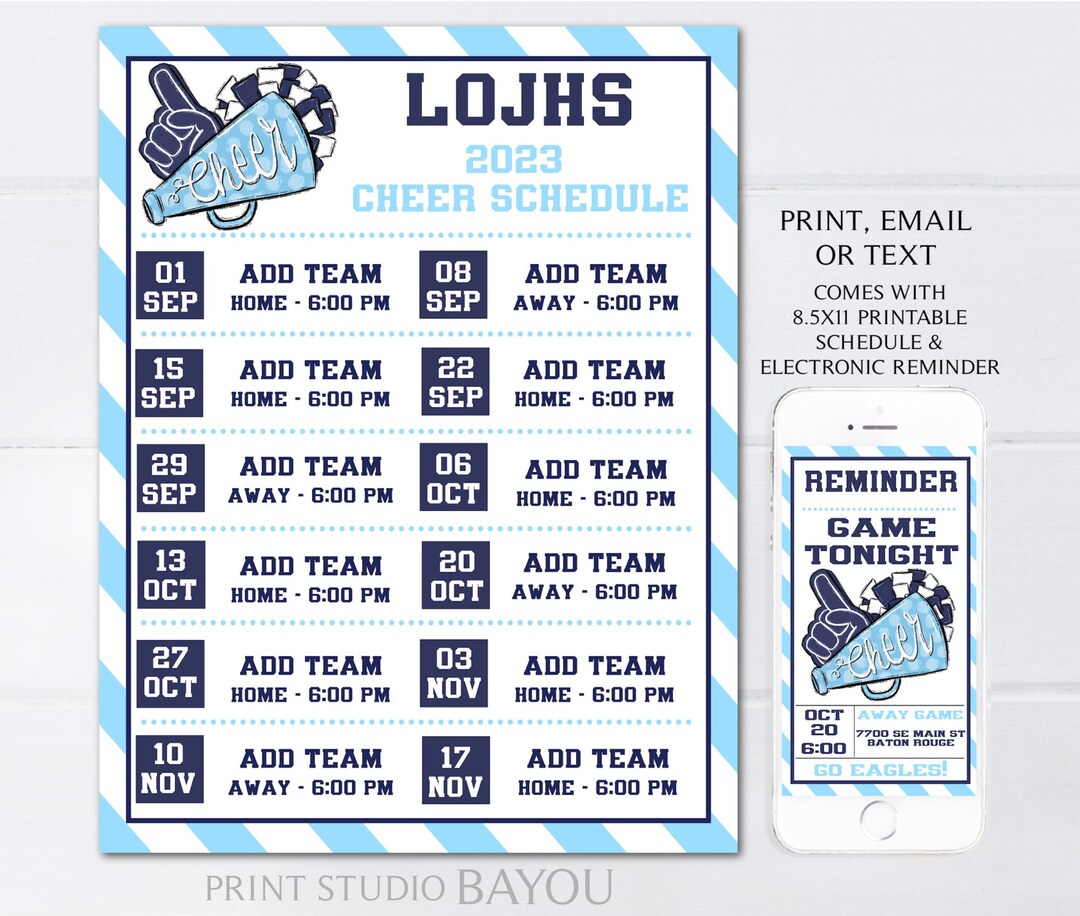 Cheer Schedule Printable, Game Day Calendar, Reminder Text Included ...