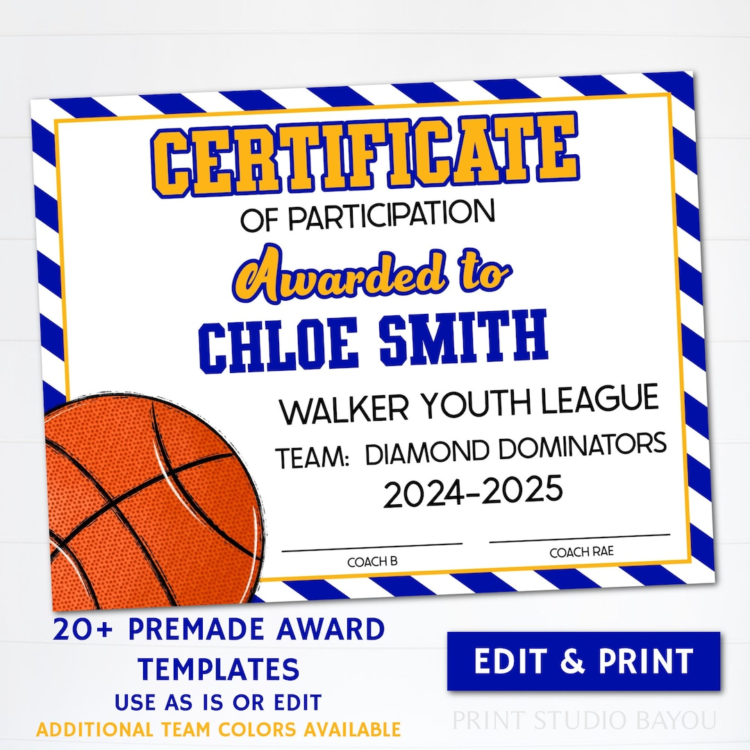 Printable Basketball Award Certificates, Editable Basketball End of ...