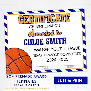 Printable Basketball Award Certificates, Editable Basketball End of ...