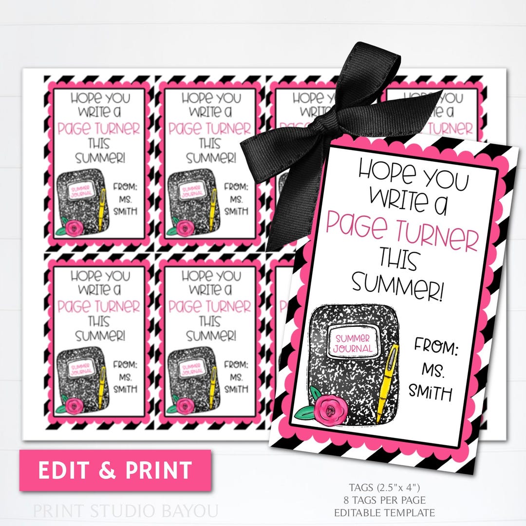 Editable Summer Journal Gift Tags: Printable Student Gift (digital ...