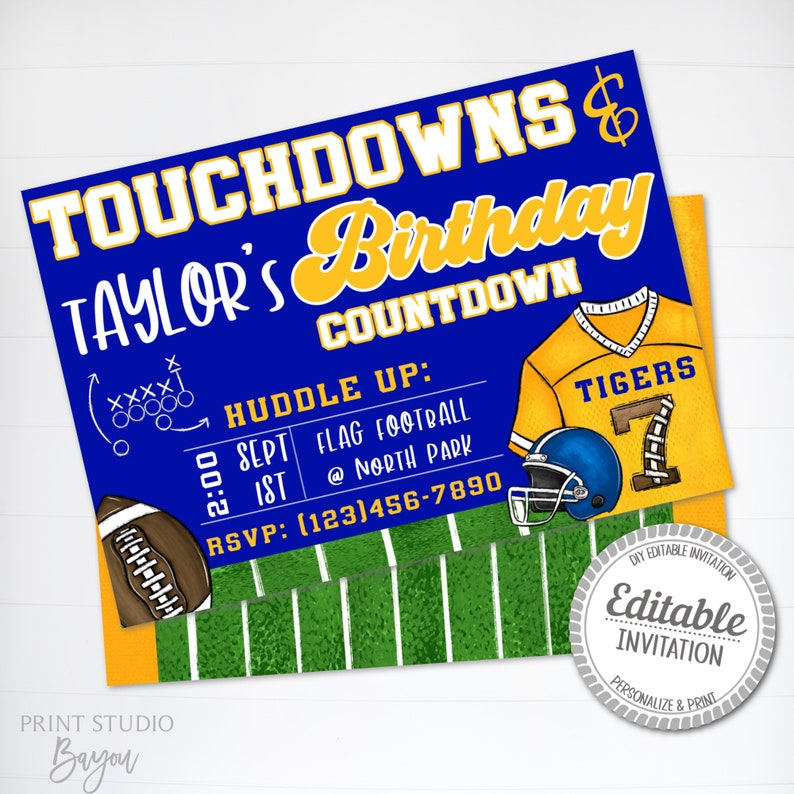 Football Birthday Party Invitation, Touchdown Theme Invite, Printable ...