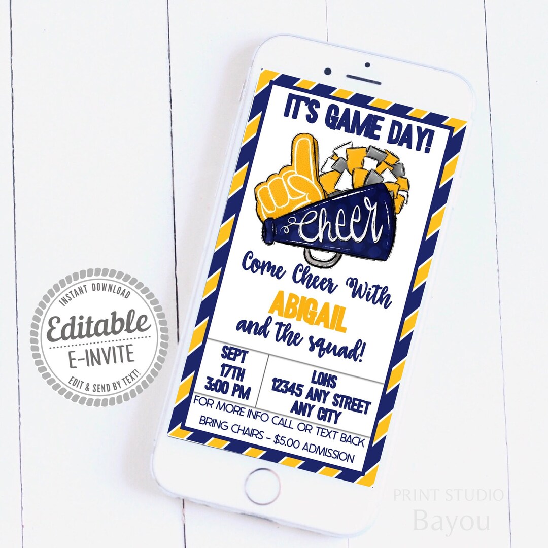 Editable Cheer Game Day Smartphone Text Invite, Cheer Game Day Details ...
