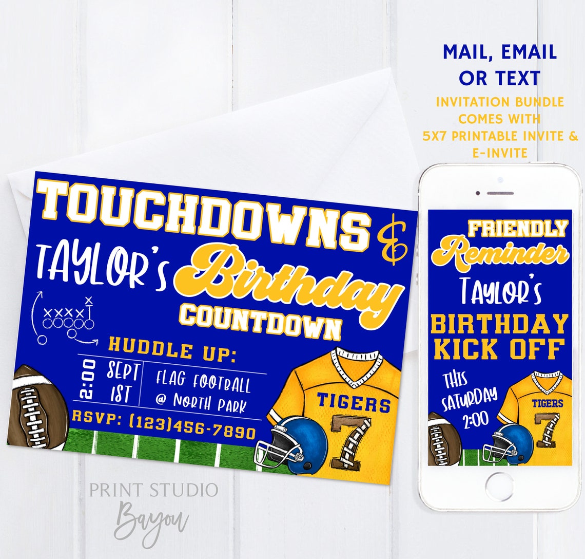 Football Birthday Party Invitation, Touchdown Theme Invite, Printable ...