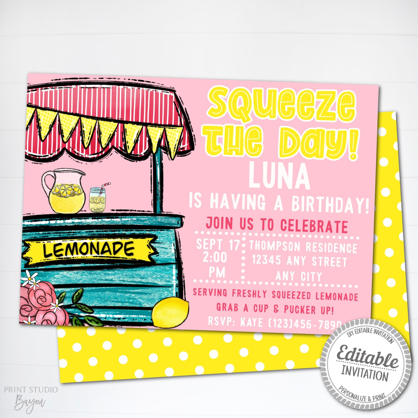 Printable Lemonade Birthday Party Invitation Editable Lemonade B-day ...