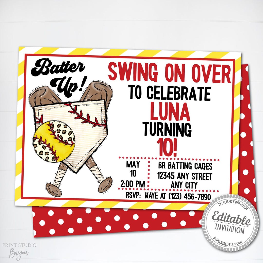 Printable Softball Birthday Party Invitation, Editable Batter up Invite ...