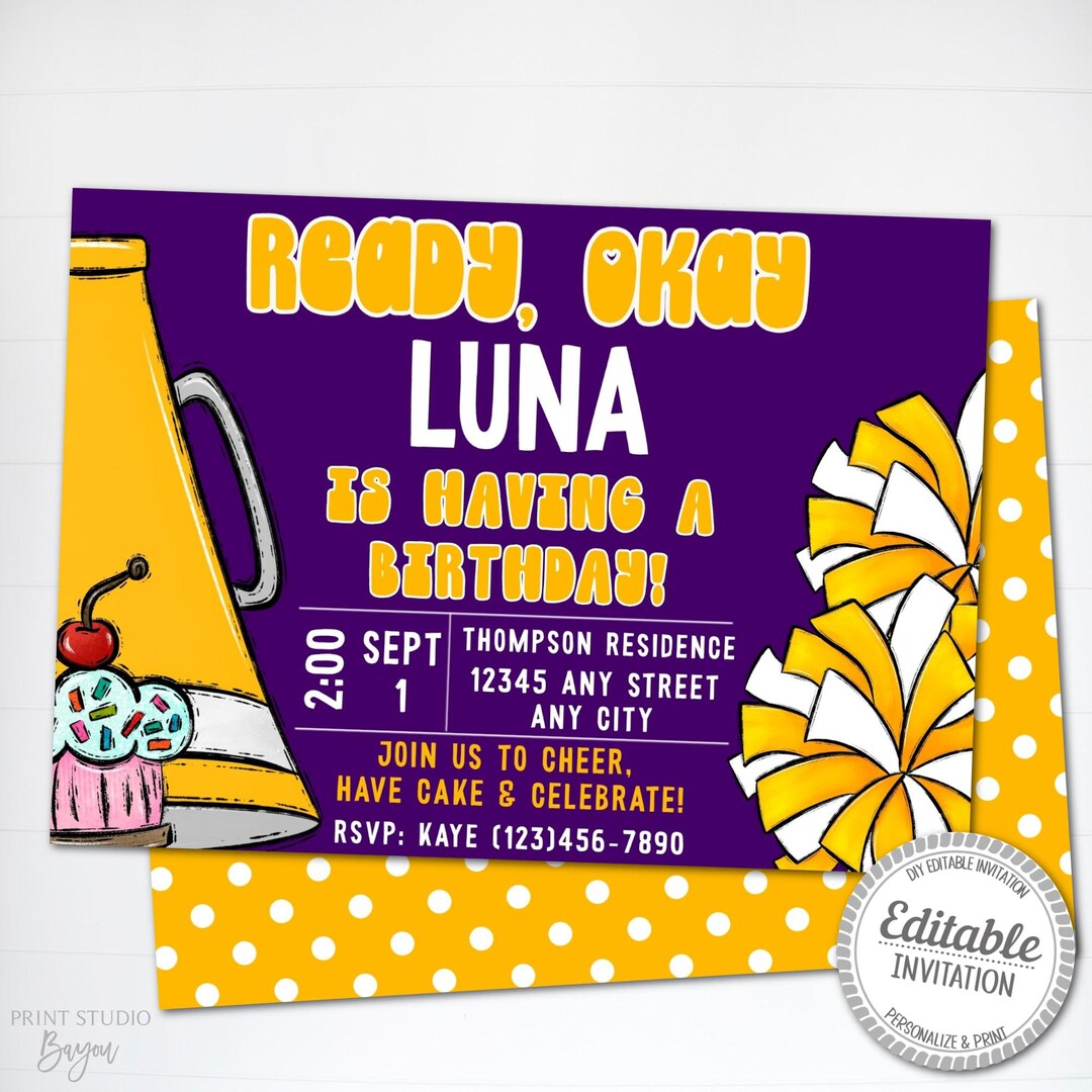 Printable Cheer Birthday Party Invitation, Editable Cheer Birthday ...