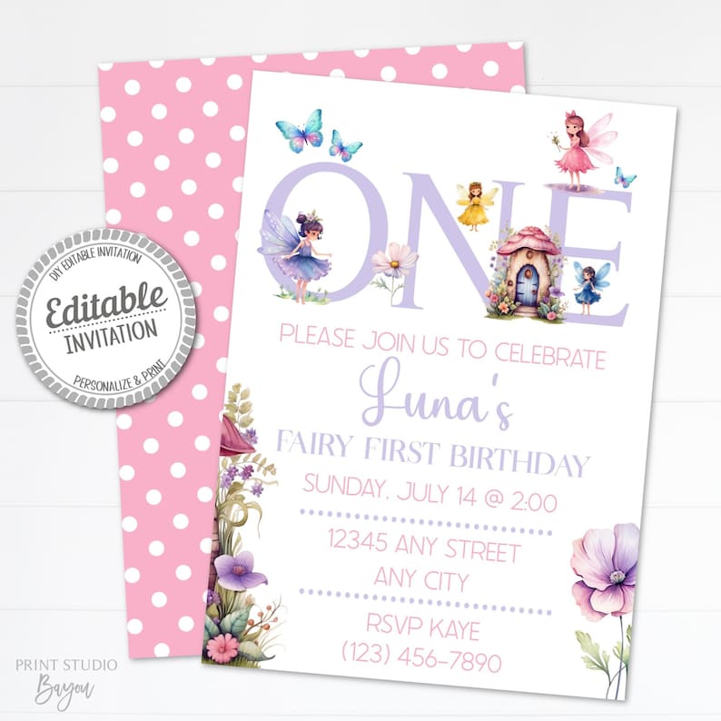 Fairy First Birthday Invite, Fairy Theme Birthday Party, Fairy Party, E ...