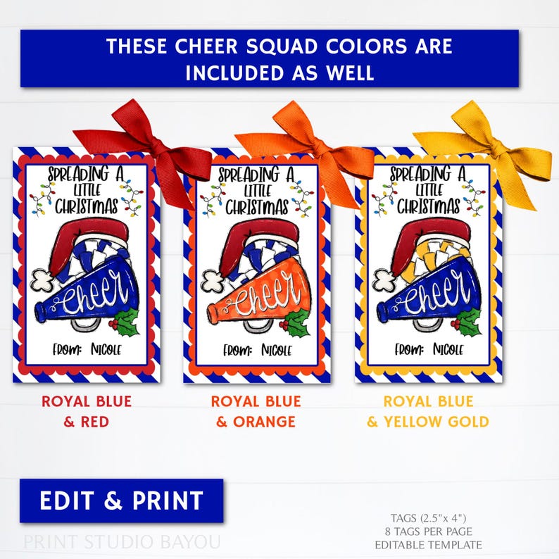 Printable Christmas Cheer Squad Gift Tags, Royal Blue, Digital Download ...