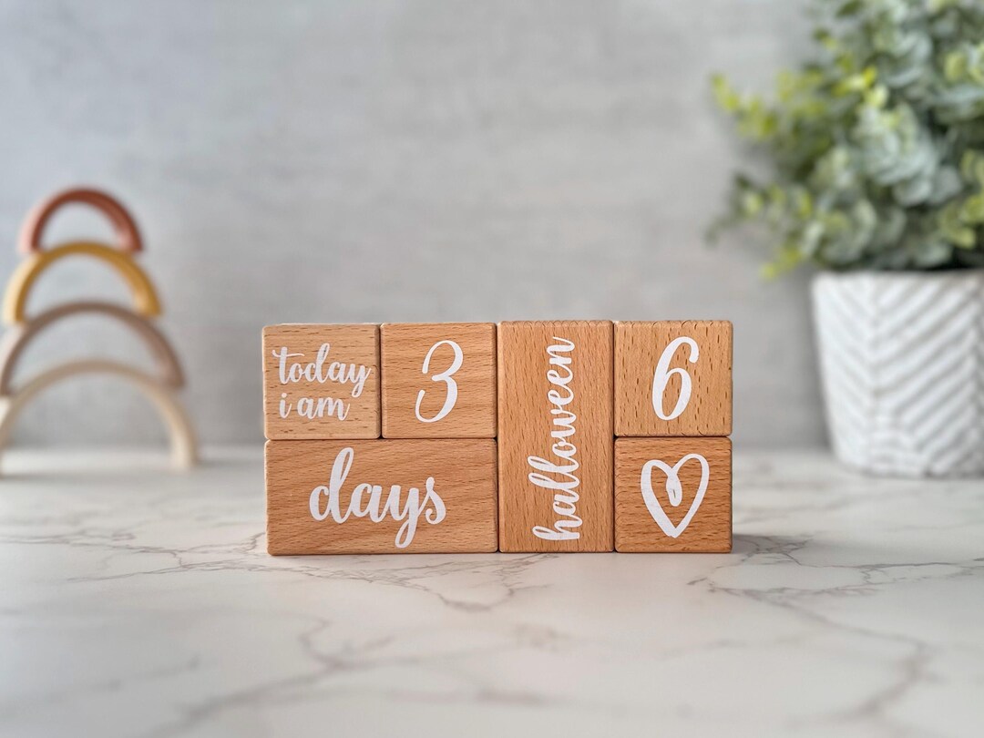 Wooden Baby Milestone & Countdown Block Set| Baby Photo Props| Months, Weeks, Years, Grade ...