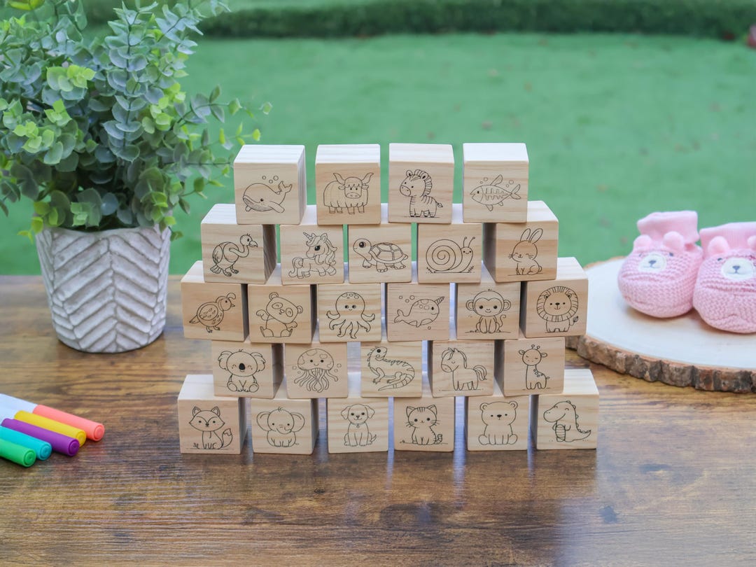 Baby Shower Game – Animal Alphabet Wooden Blocks Set, Decorate a Block ...