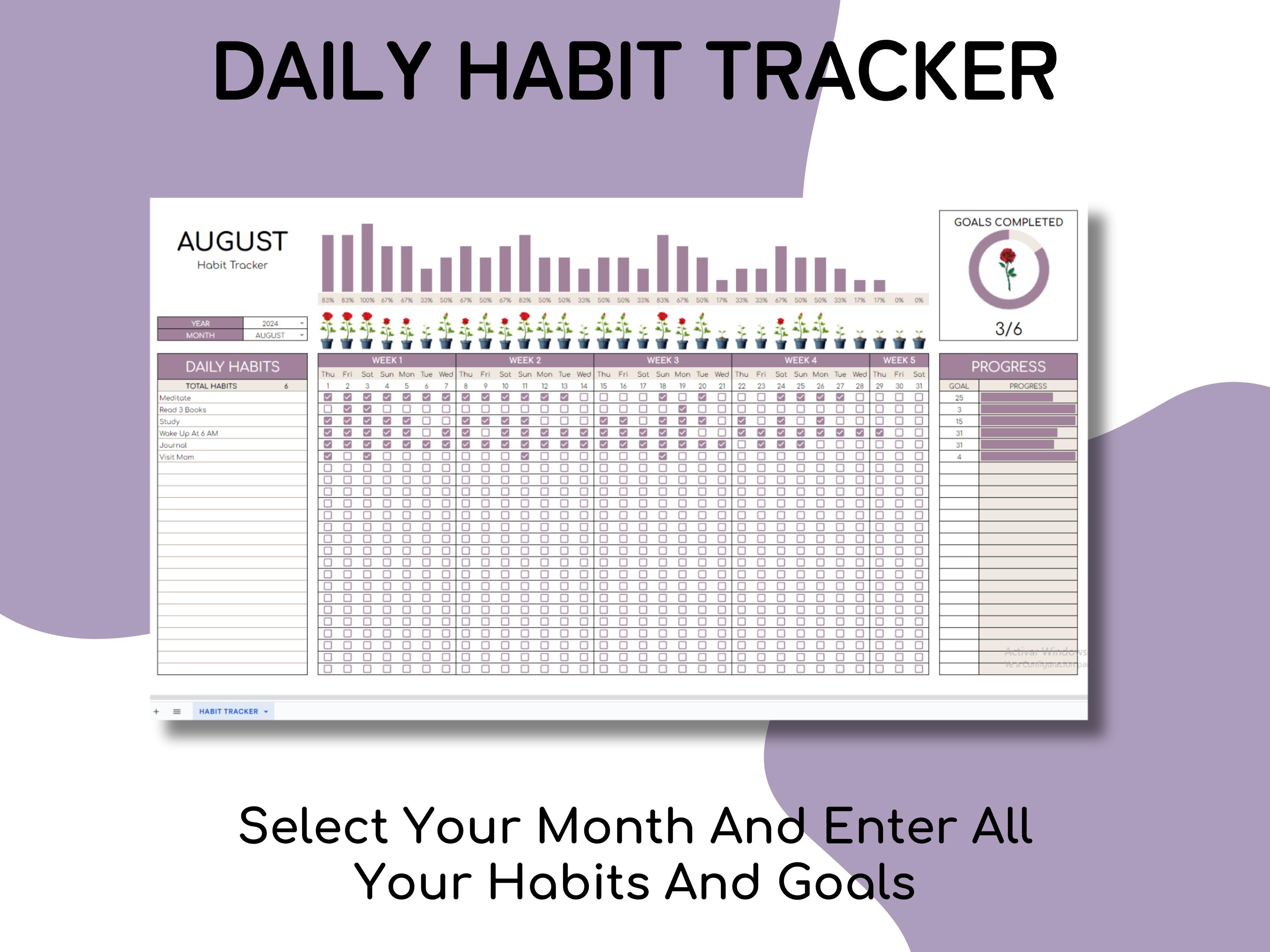 Habit Tracker Spreadsheet Google Sheets | Purple Monthly Digital Habit ...