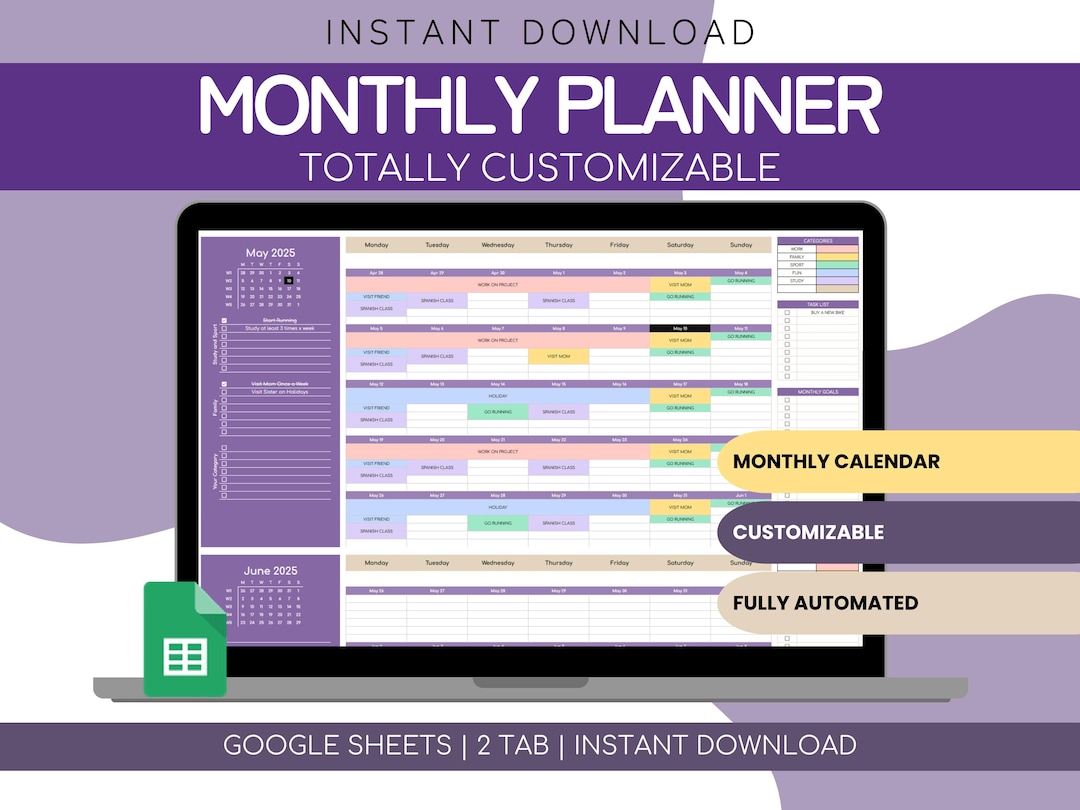 Monthly Planner Google Sheets | Daily Schedule Spreadsheet | Perpetual ...