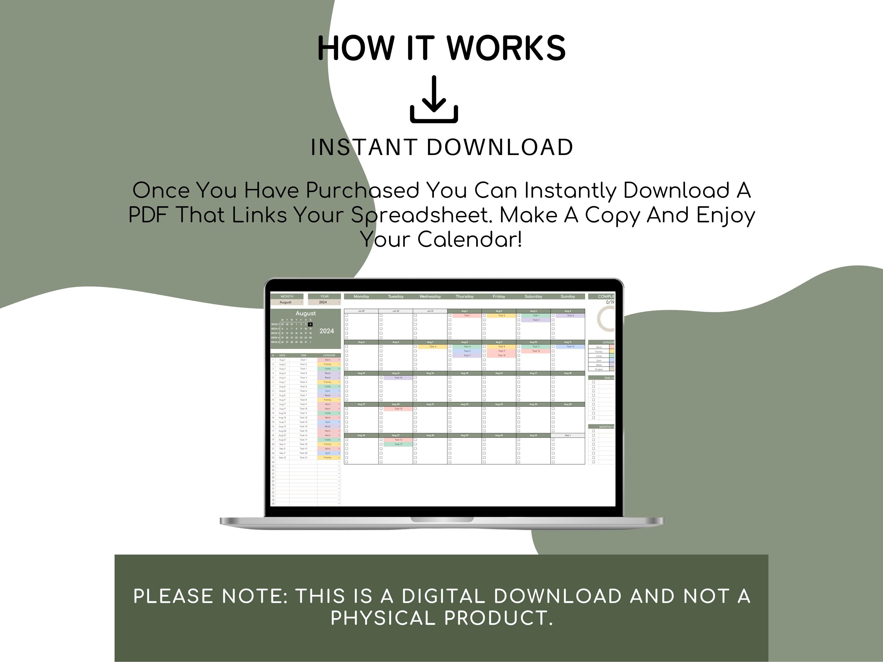 Monthly Calendar Spreadsheet Google Sheets | Daily Schedule | Color ...
