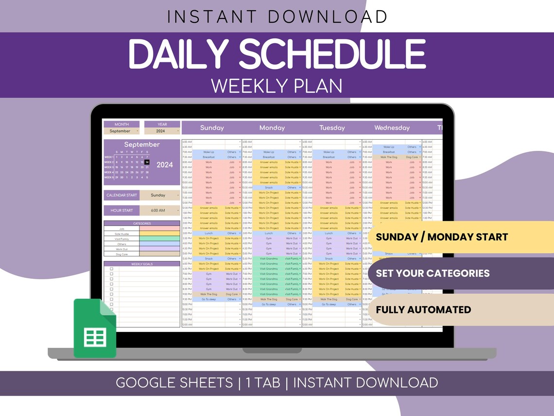Daily Schedule Spreadsheet | Weekly Schedule Google Sheets | Google ...