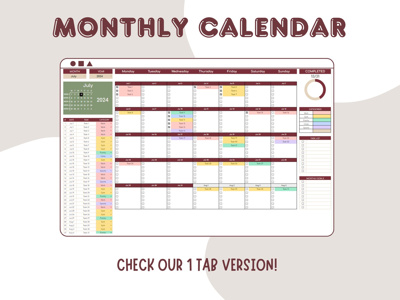 Monthly Calendar Spreadsheet Google Sheets | to Do List | Daily ...