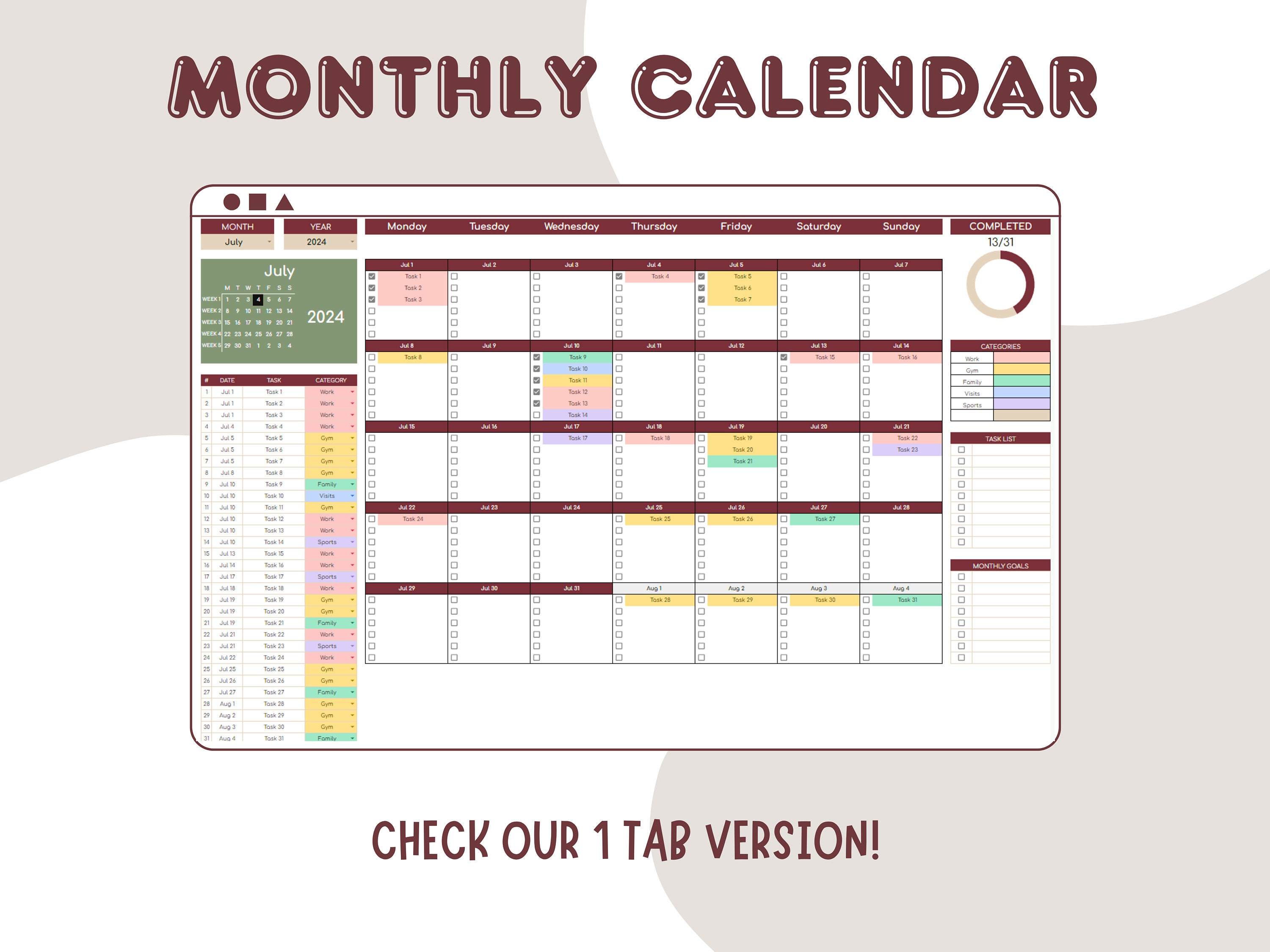 Monthly Calendar Spreadsheet Google Sheets | to Do List | Daily ...