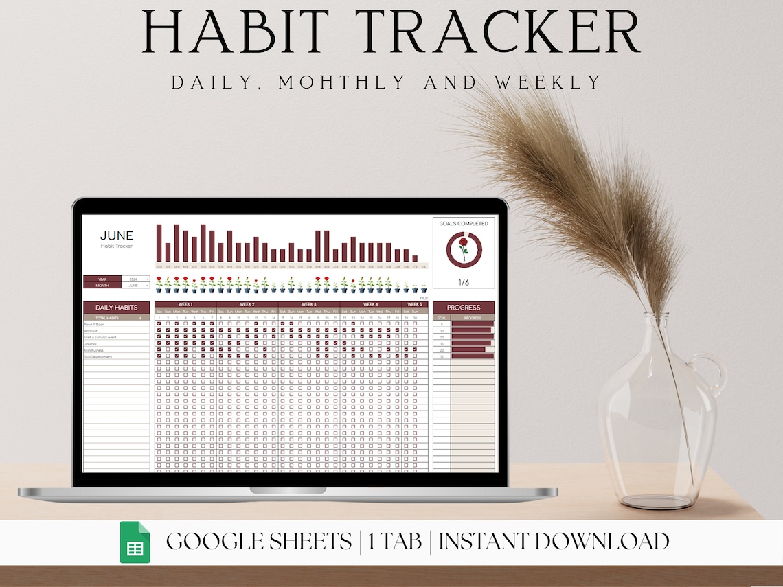 Habit Tracker Spreadsheet Google Sheets Monthly Digital Habit Tracker ...