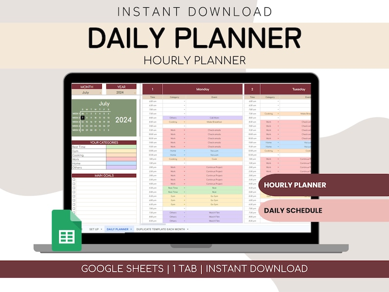 Daily Planner Google Sheets | Hourly Planner | Daily Schedule Google ...