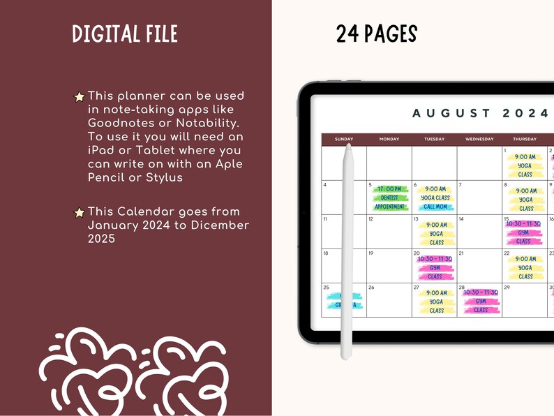 2024 2025 Digital Monthly Calendar for Goodnotes Minimalist Digital ...